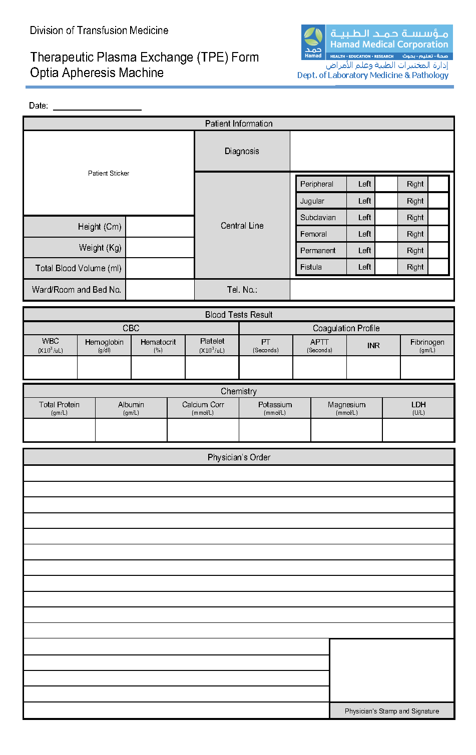 Therapeutic Plasma Exchange Apheresis Form – Dr. Zeyd Merenkov