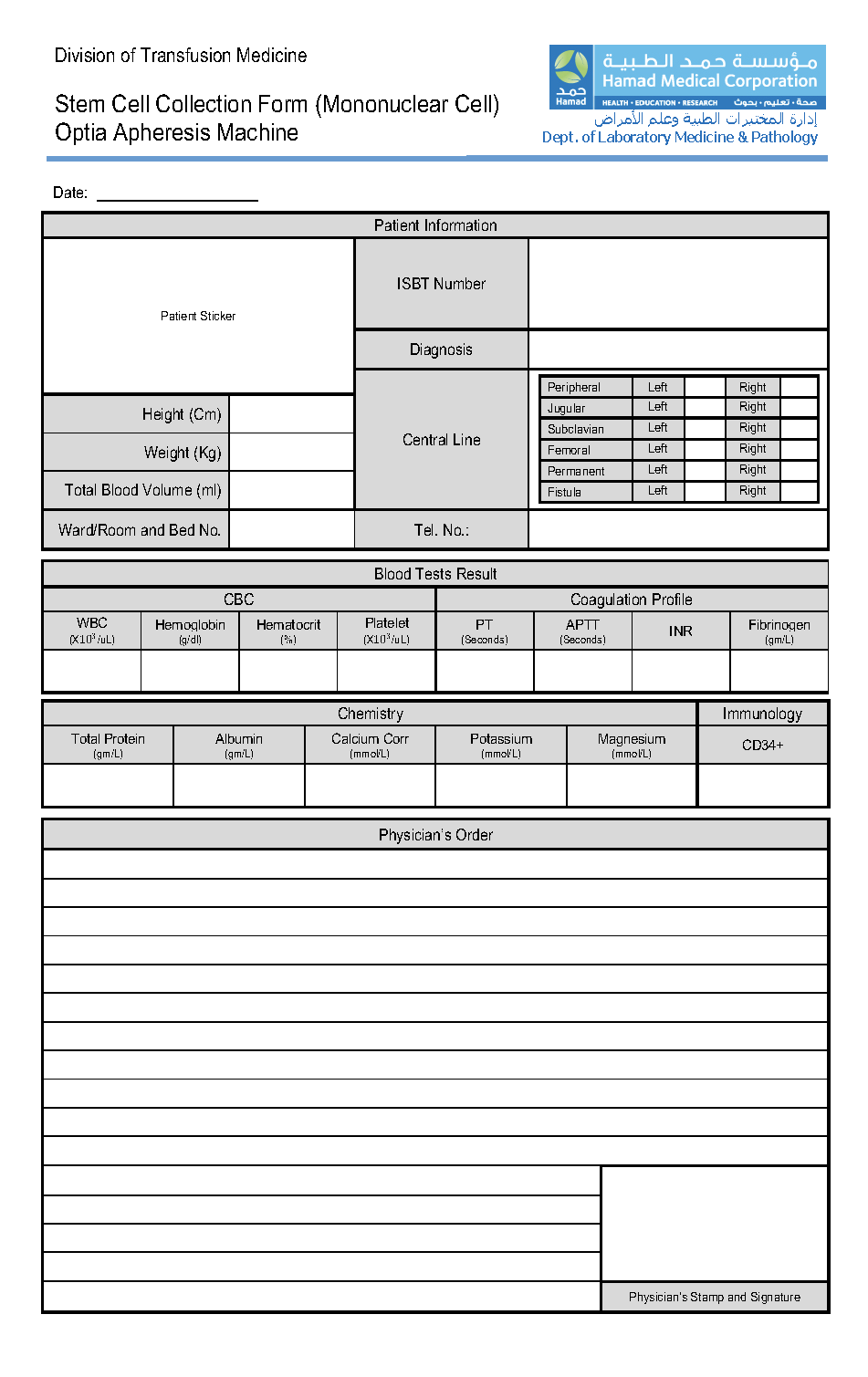 Sample Stem Cell Collection Apheresis Form – Dr. Zeyd Merenkov