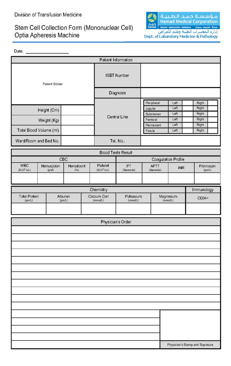 Sample Stem Cell Collection Apheresis Form – Dr. Zeyd Merenkov