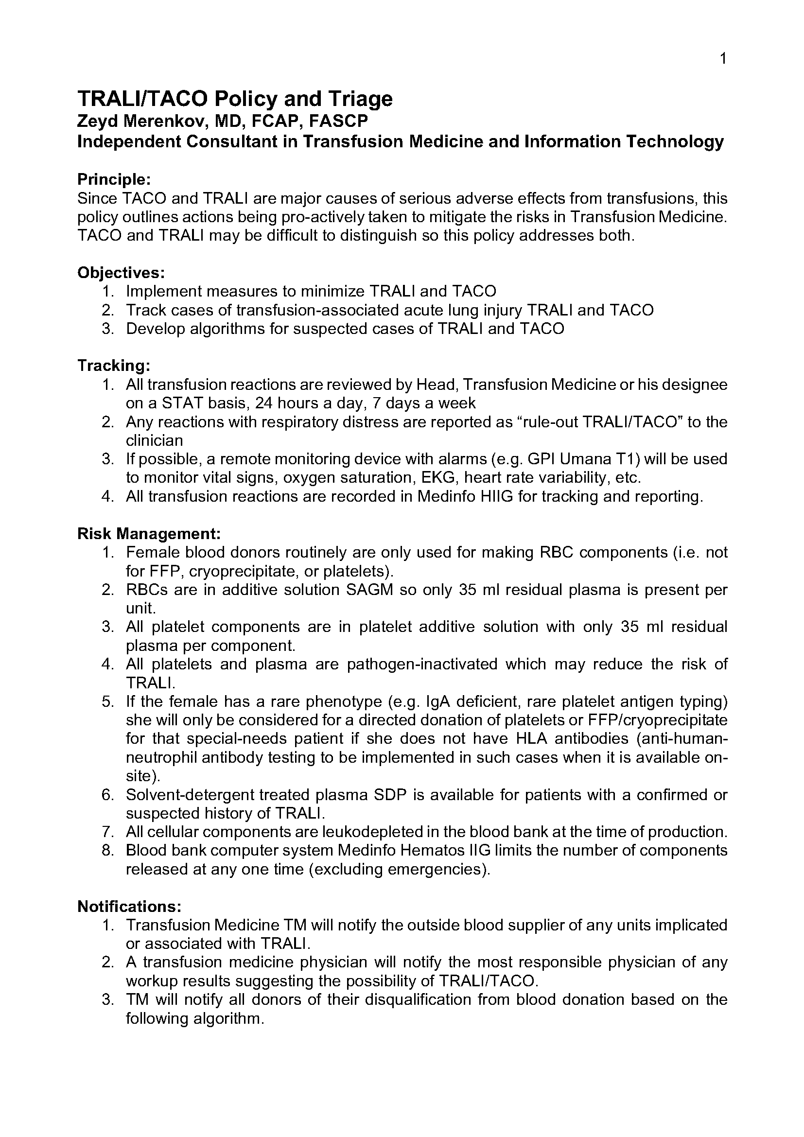 TRALI/TACO Policy and Triage – Dr. Zeyd Merenkov