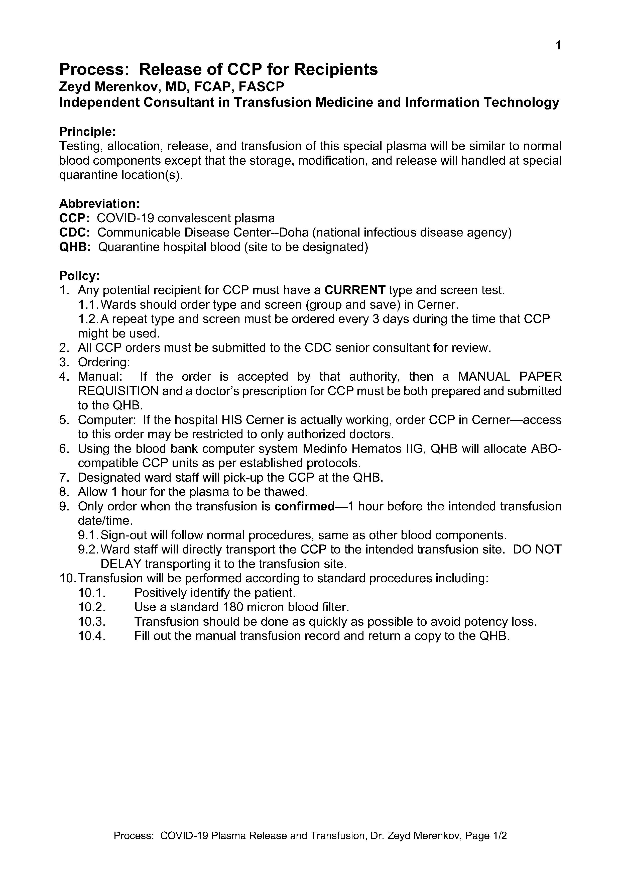 Process: CCP Release and Transfusion – Dr. Zeyd Merenkov