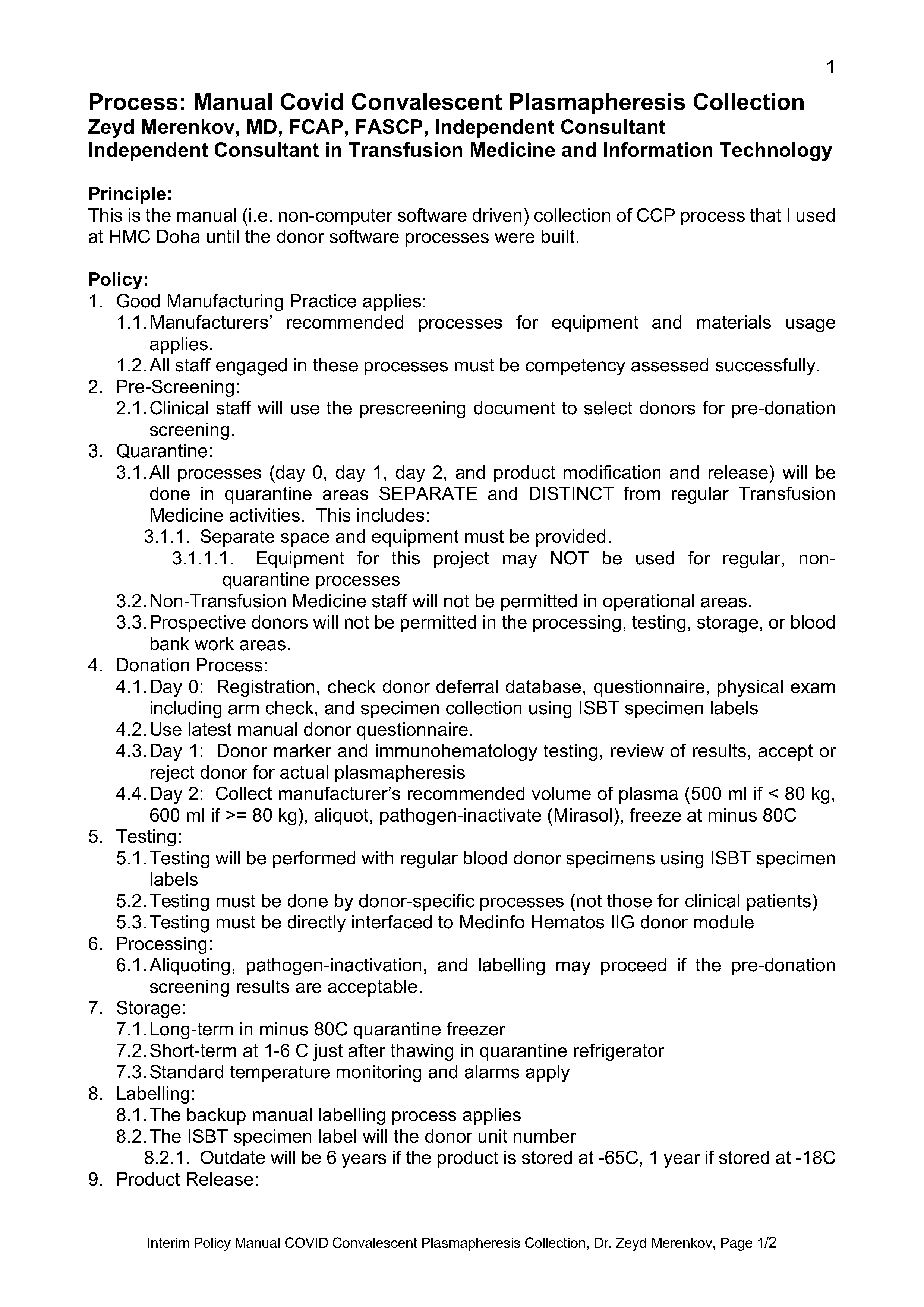 Process: Manual CCP Plasmapheresis Collection – Dr. Zeyd Merenkov