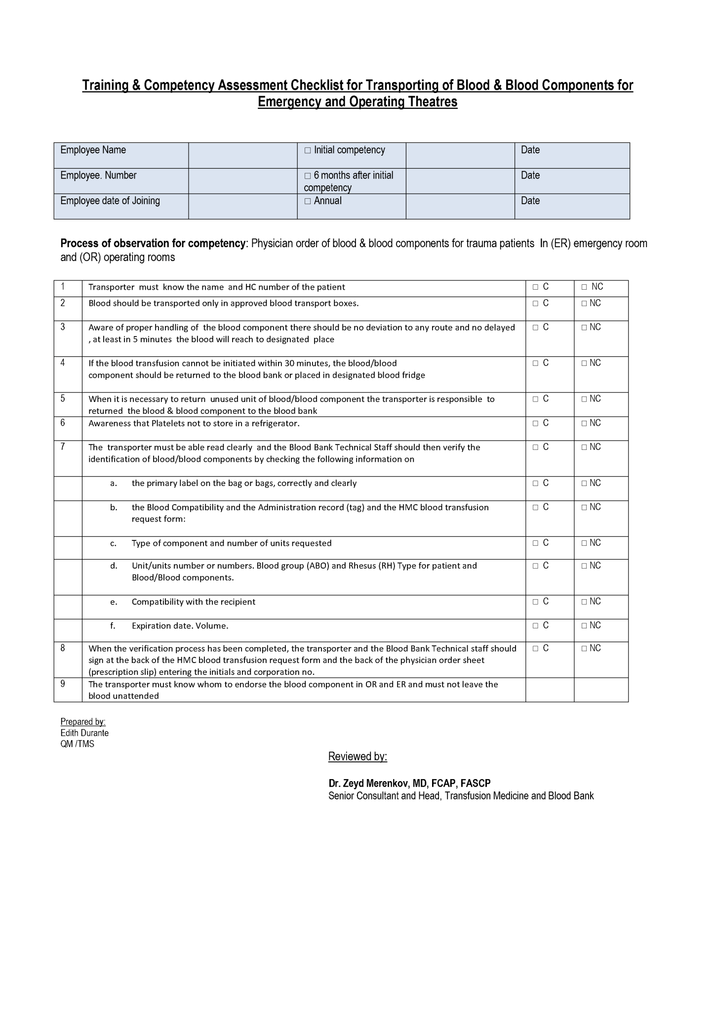 Competency Assessment: Blood Transporters – Dr. Zeyd Merenkov