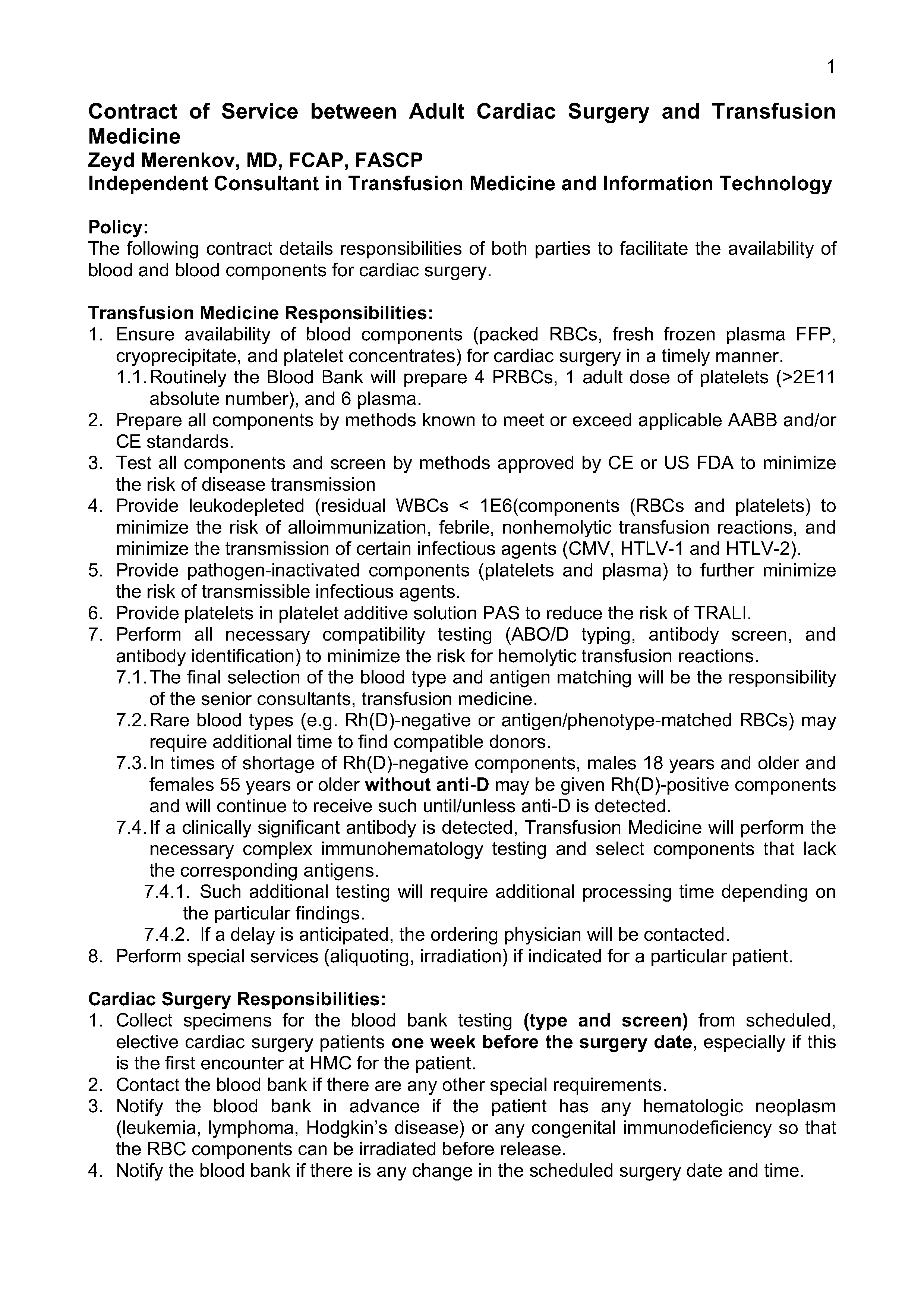 Sample Contract for Service Agreement Between Transfusion Medicine and ...
