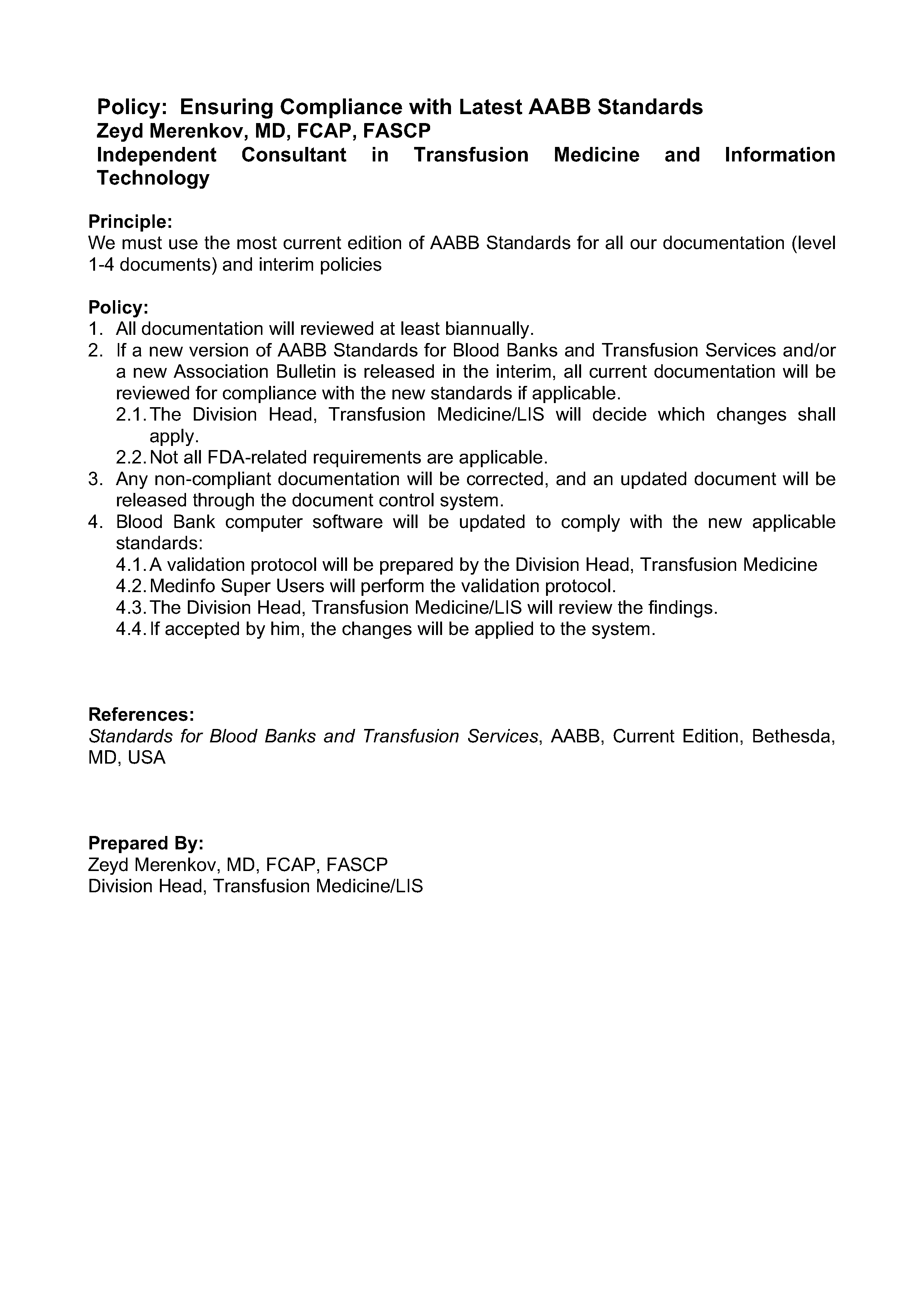 Policy: Compliance with Latest AABB Standards – Dr. Zeyd Merenkov
