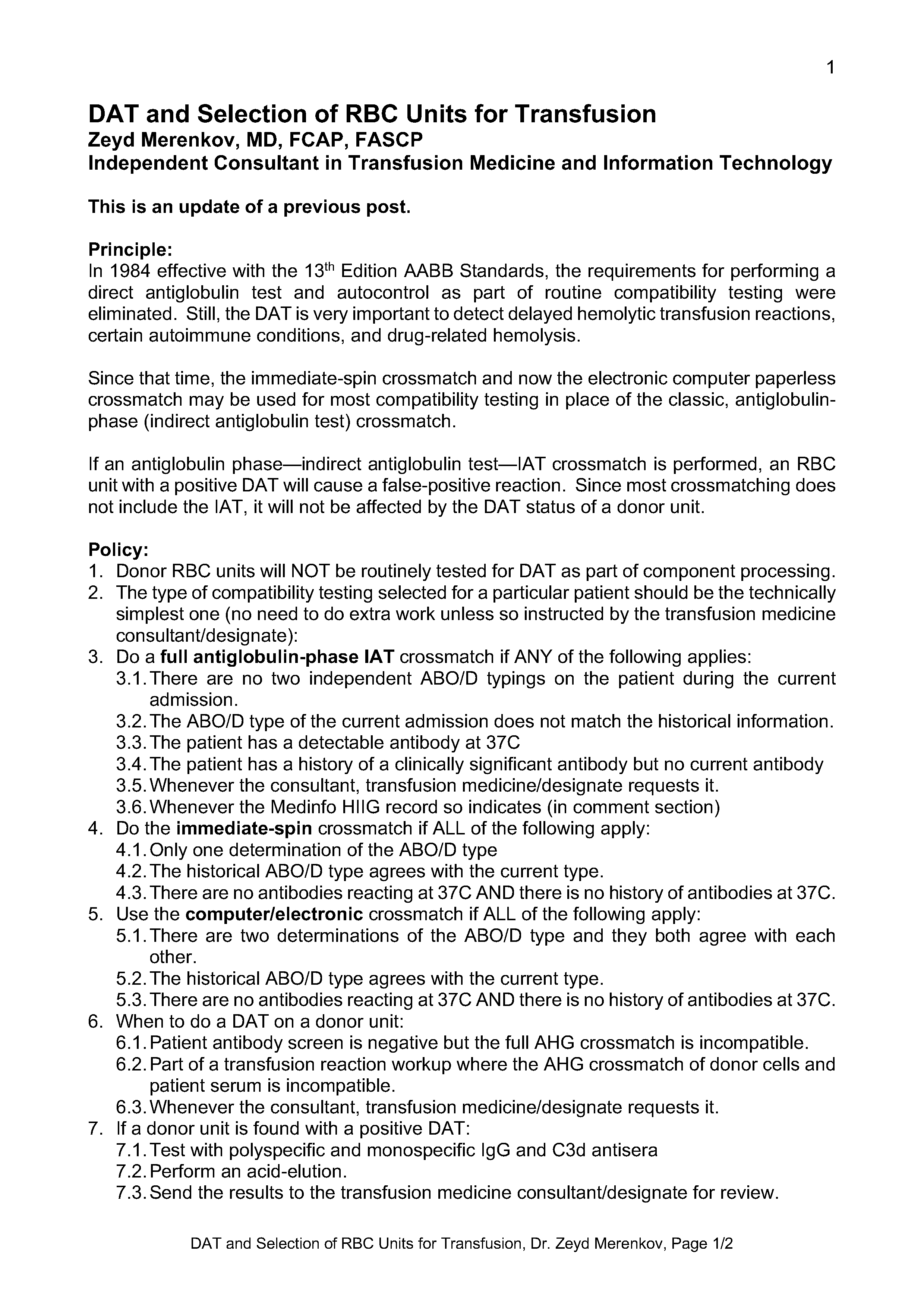 DAT and Selection of RBC Units – Dr. Zeyd Merenkov