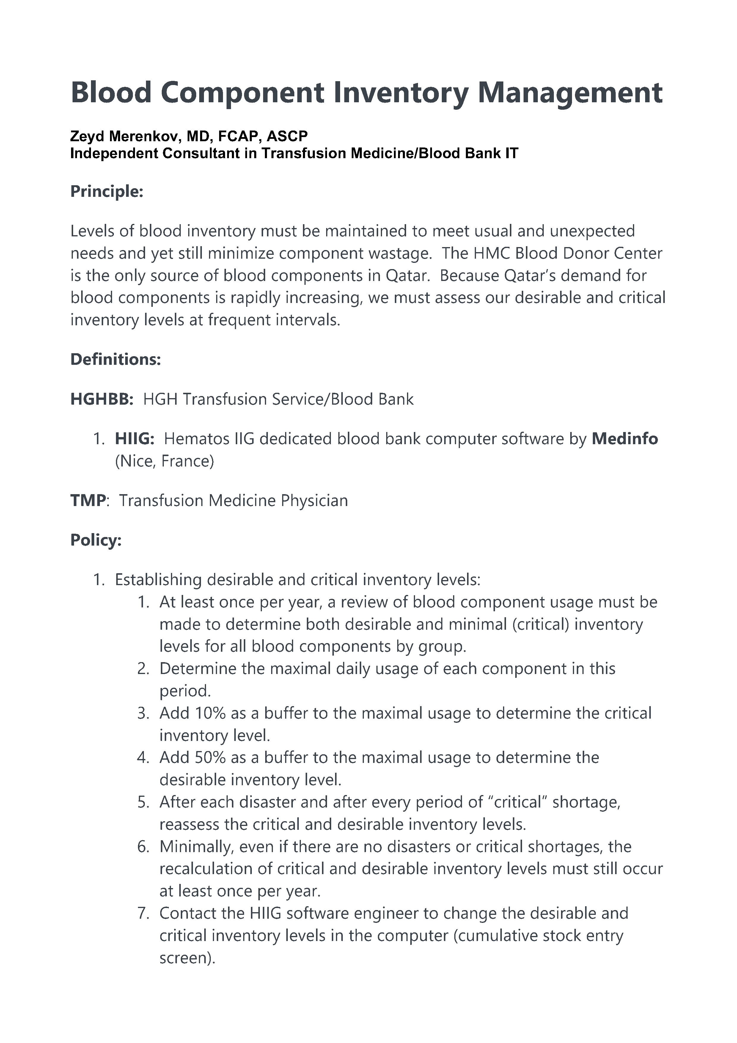 Blood Inventory Management – Dr. Zeyd Merenkov