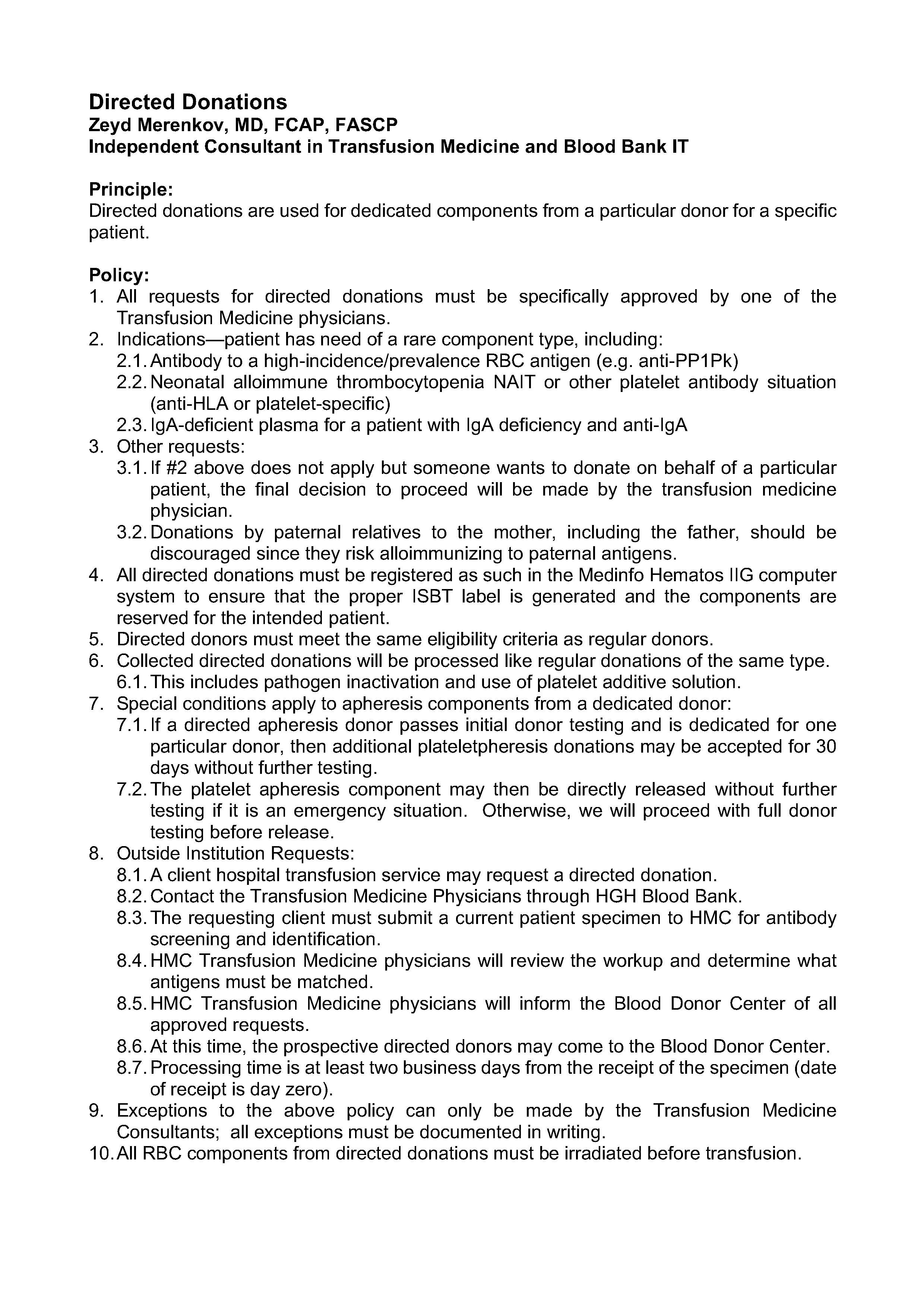 Policy: Directed Donations – Dr. Zeyd Merenkov