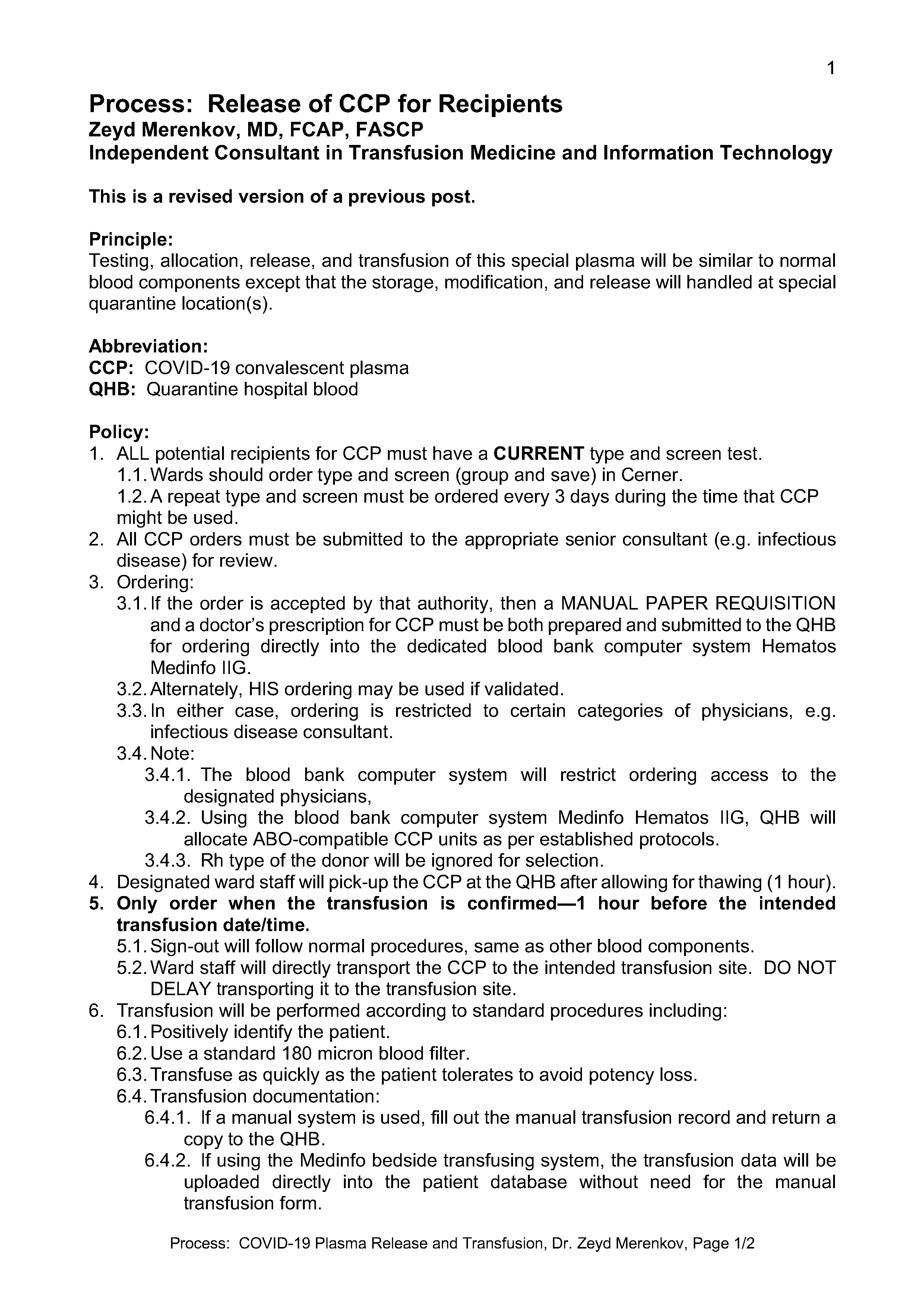 Process: Release of CCP for Recipients – Dr. Zeyd Merenkov