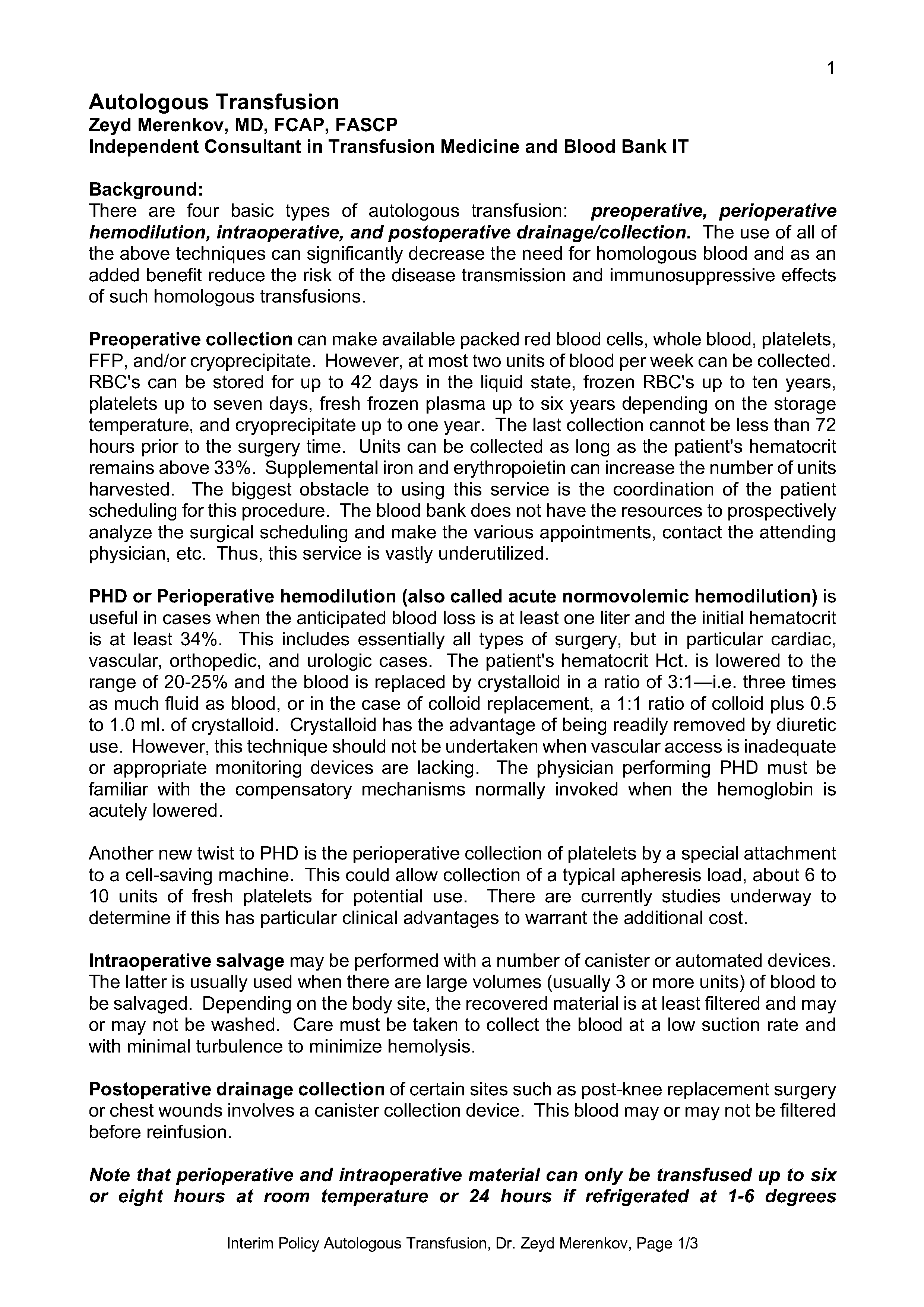 Autologous Transfusion–Updated – Dr. Zeyd Merenkov