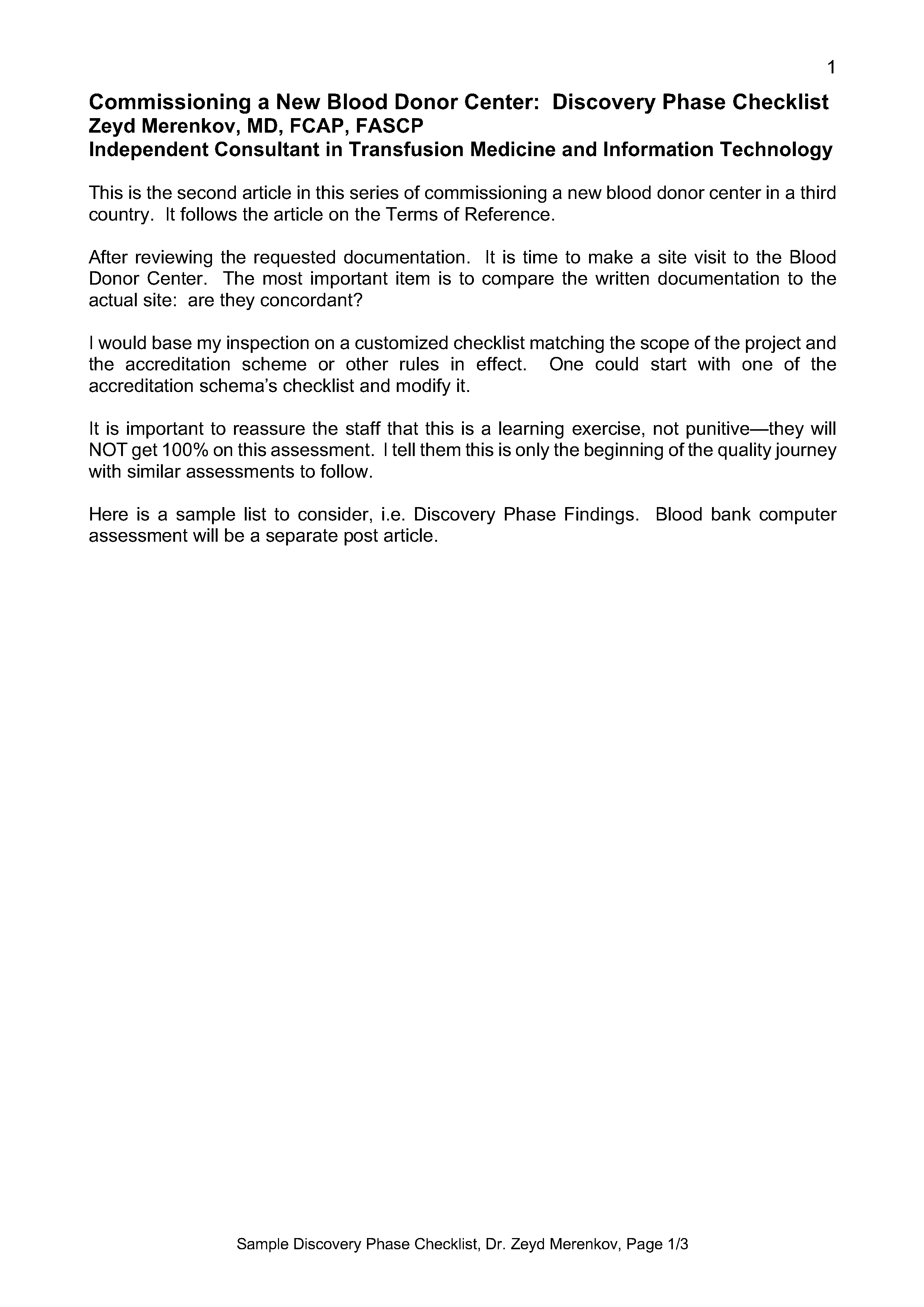 Commissioning a New Blood Donor Center: Discovery Phase Checklist – Dr ...