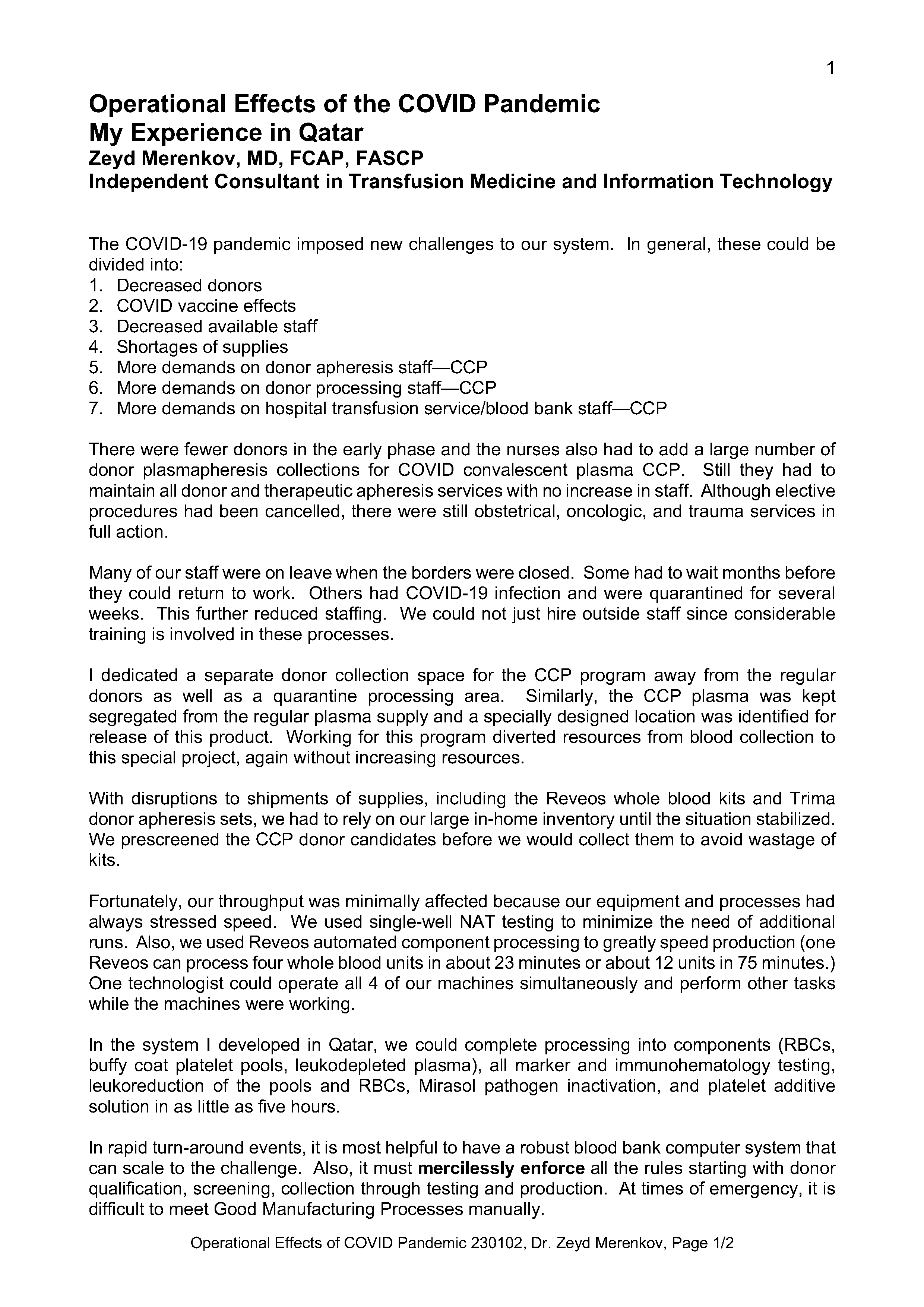 Operational Effects of COVID-19 Pandemic – Dr. Zeyd Merenkov