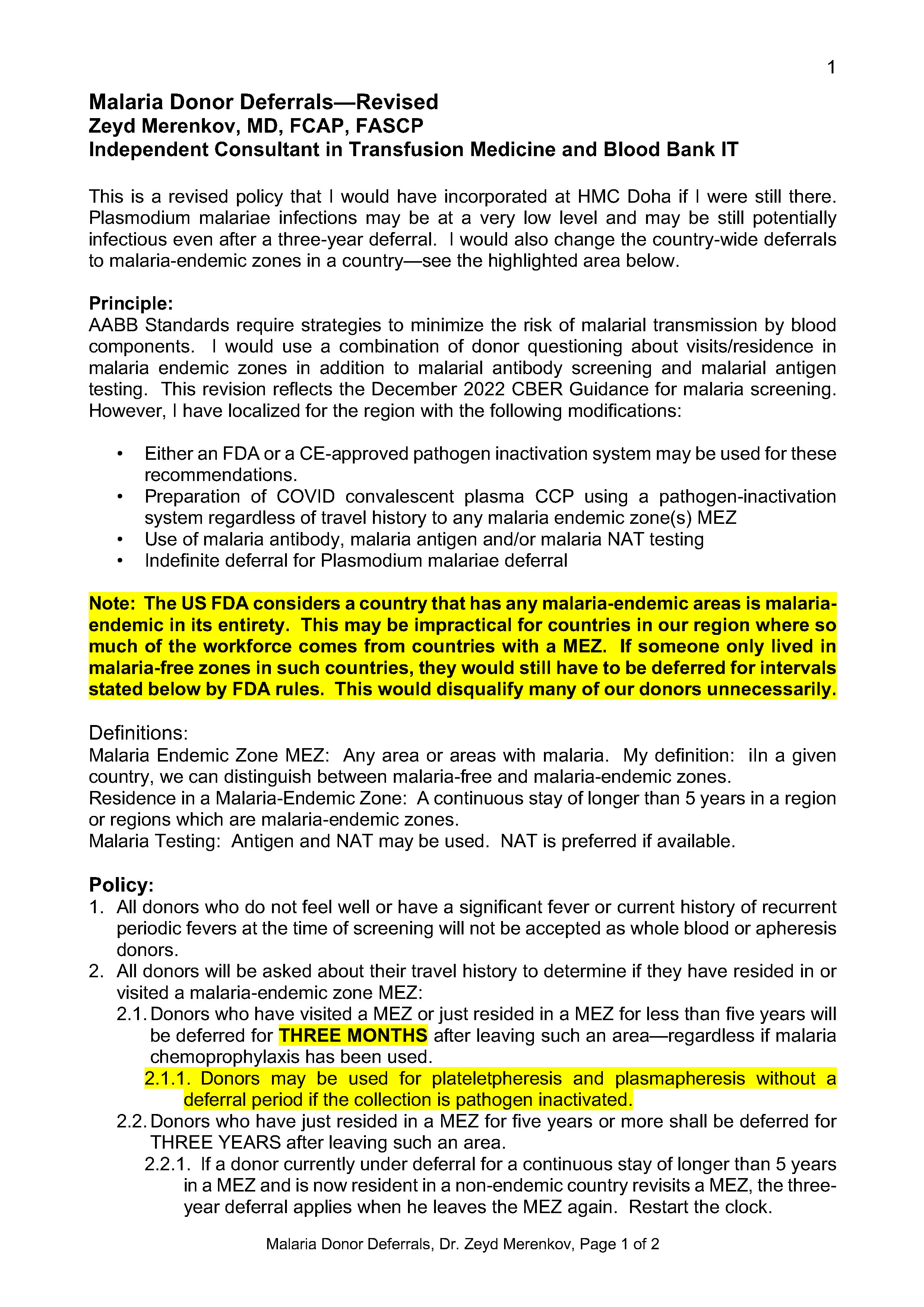 Malaria Donor Deferrals–Revised – Dr. Zeyd Merenkov