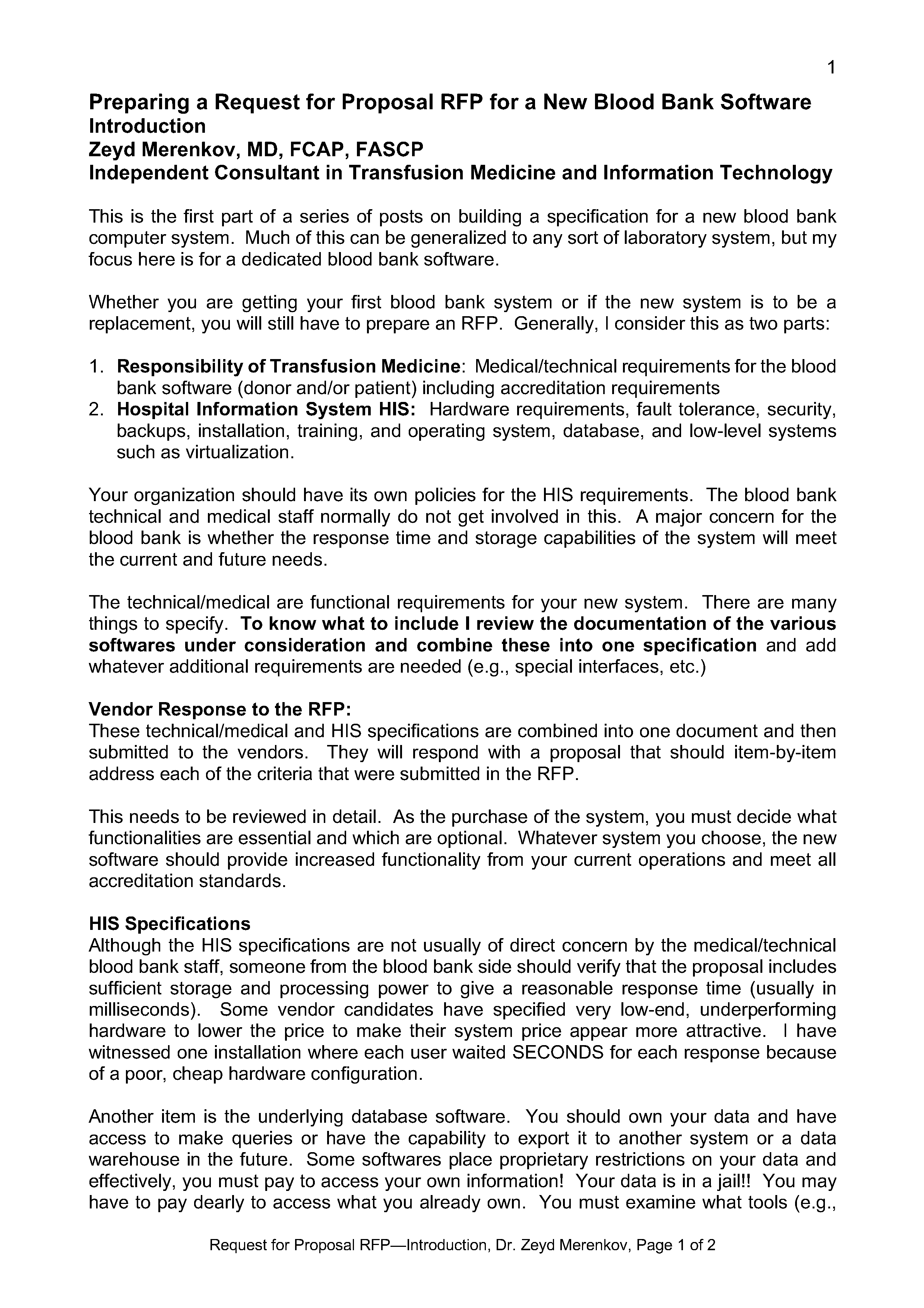 Preparing a Request for Proposal RFP for Blood Bank Software 1 ...