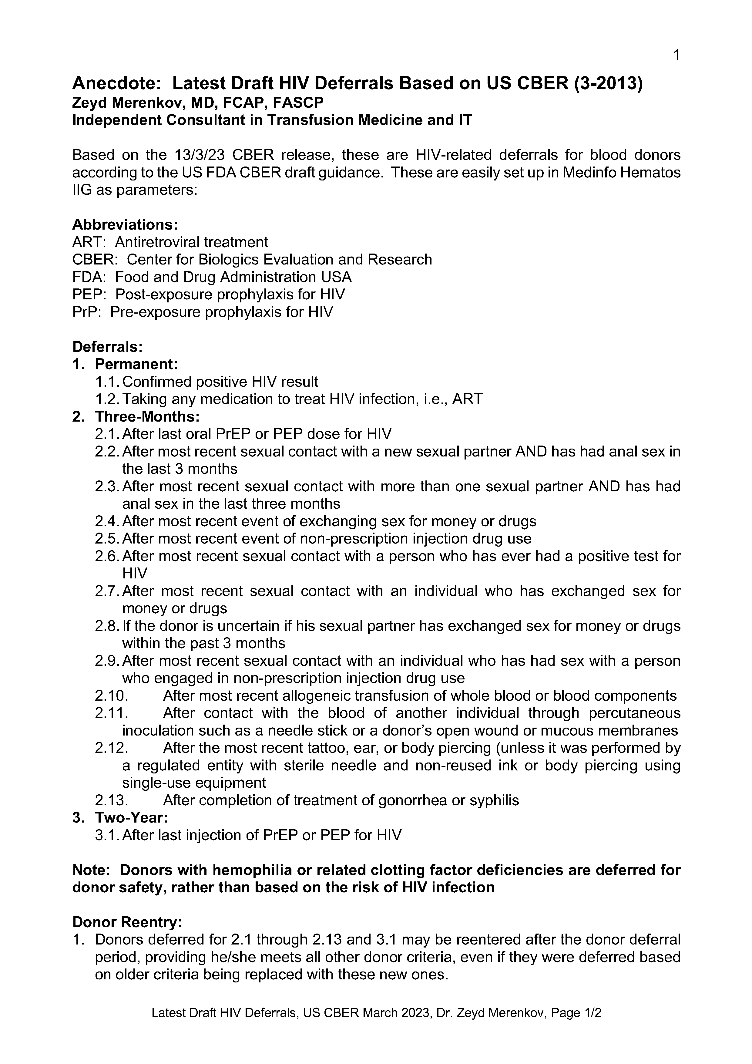 HIV Deferrals CBER Draft Guidance 13/3/23 – Dr. Zeyd Merenkov