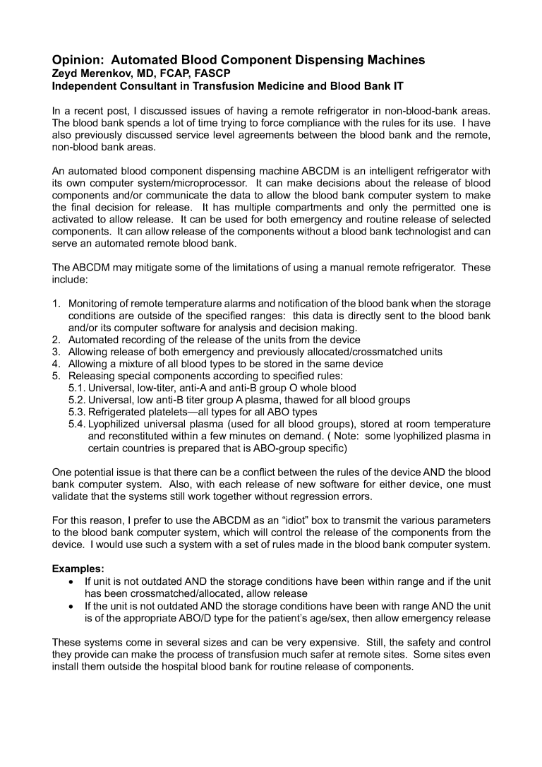 Opinion: Automated Remote Blood Dispensing Machines – Dr. Zeyd Merenkov