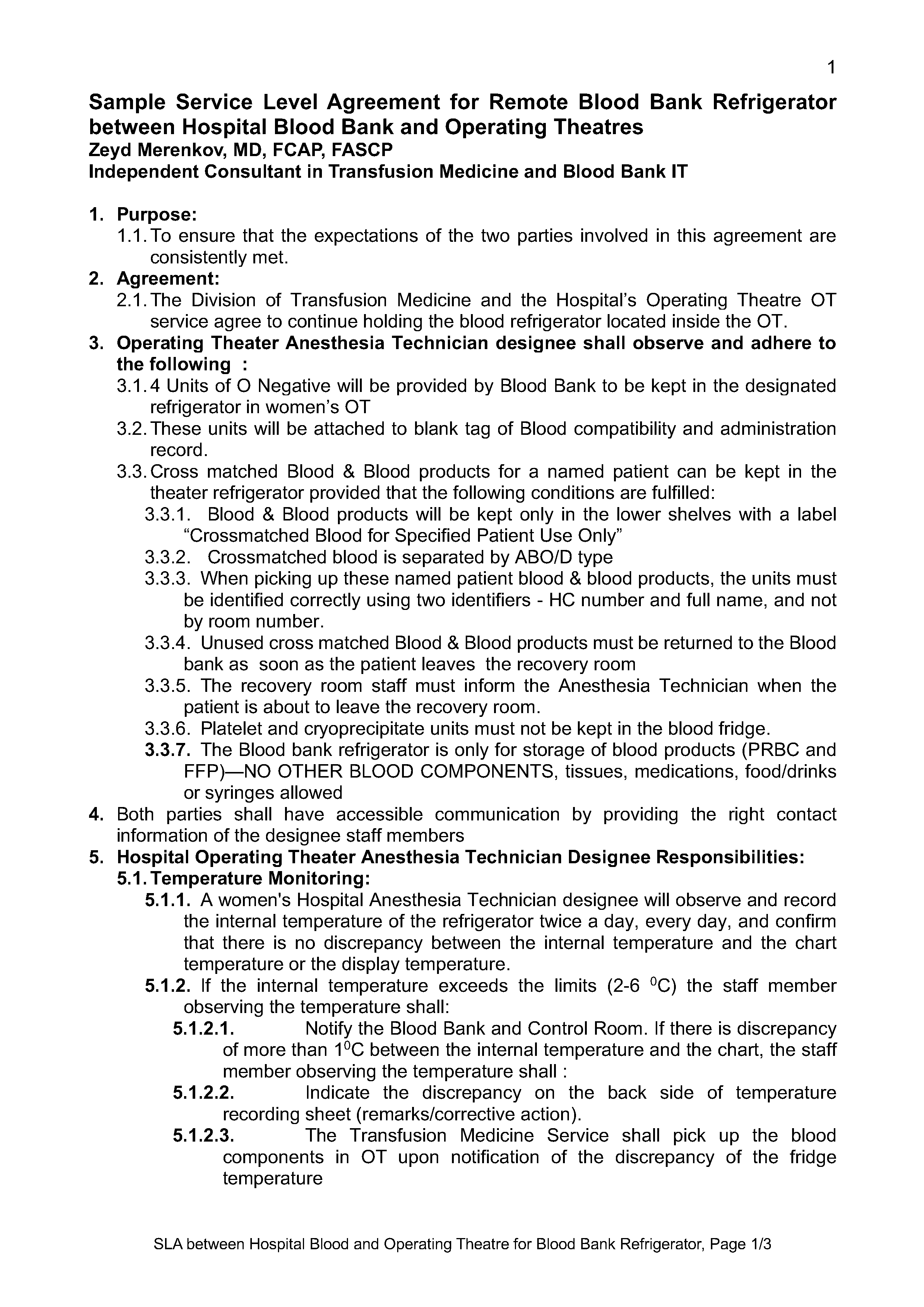 Sample Service Level Agreement for Remote Blood Bank Refrigerator with ...