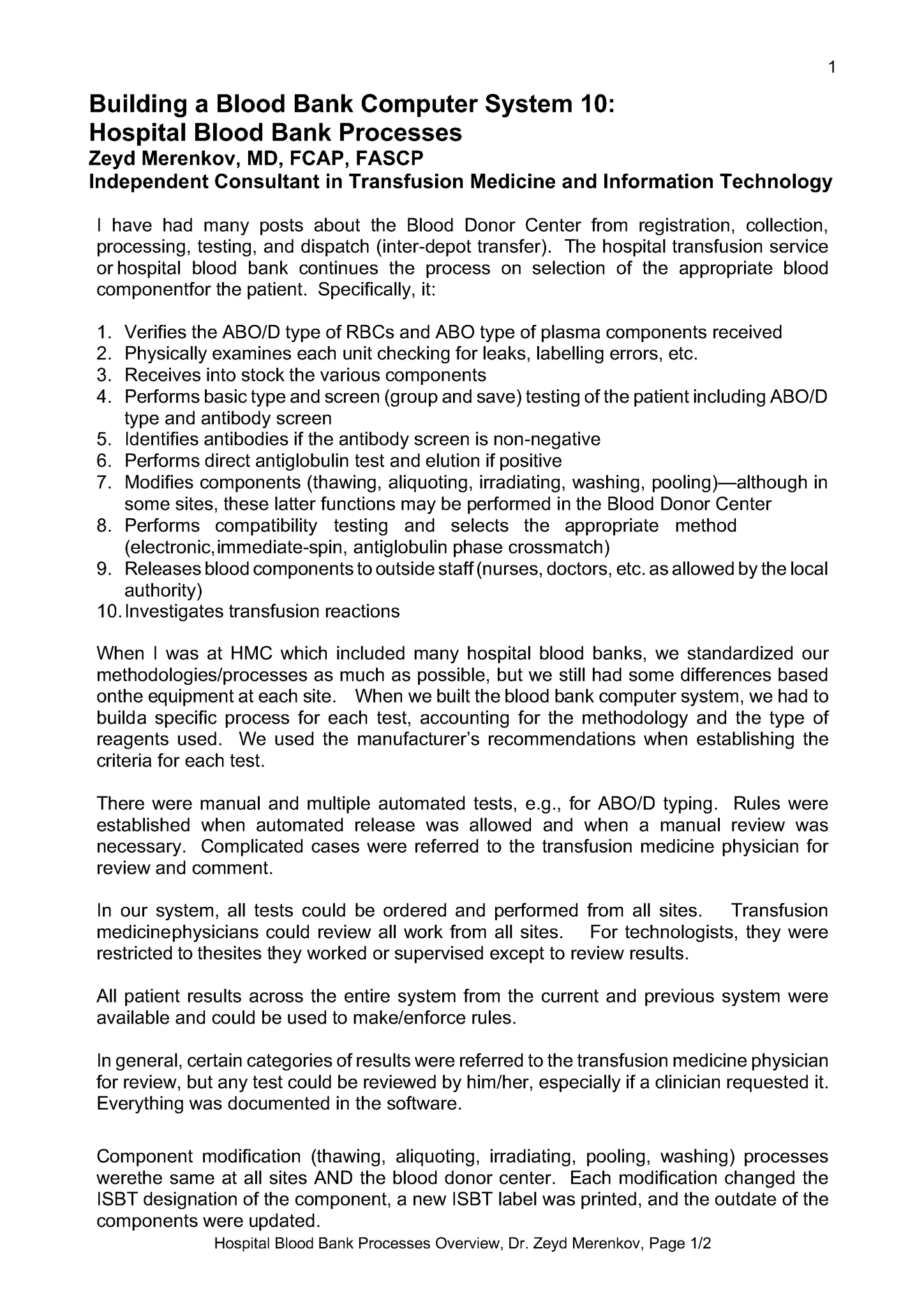 Building a Blood Bank Computer System 10: Hospital Blood Bank ...