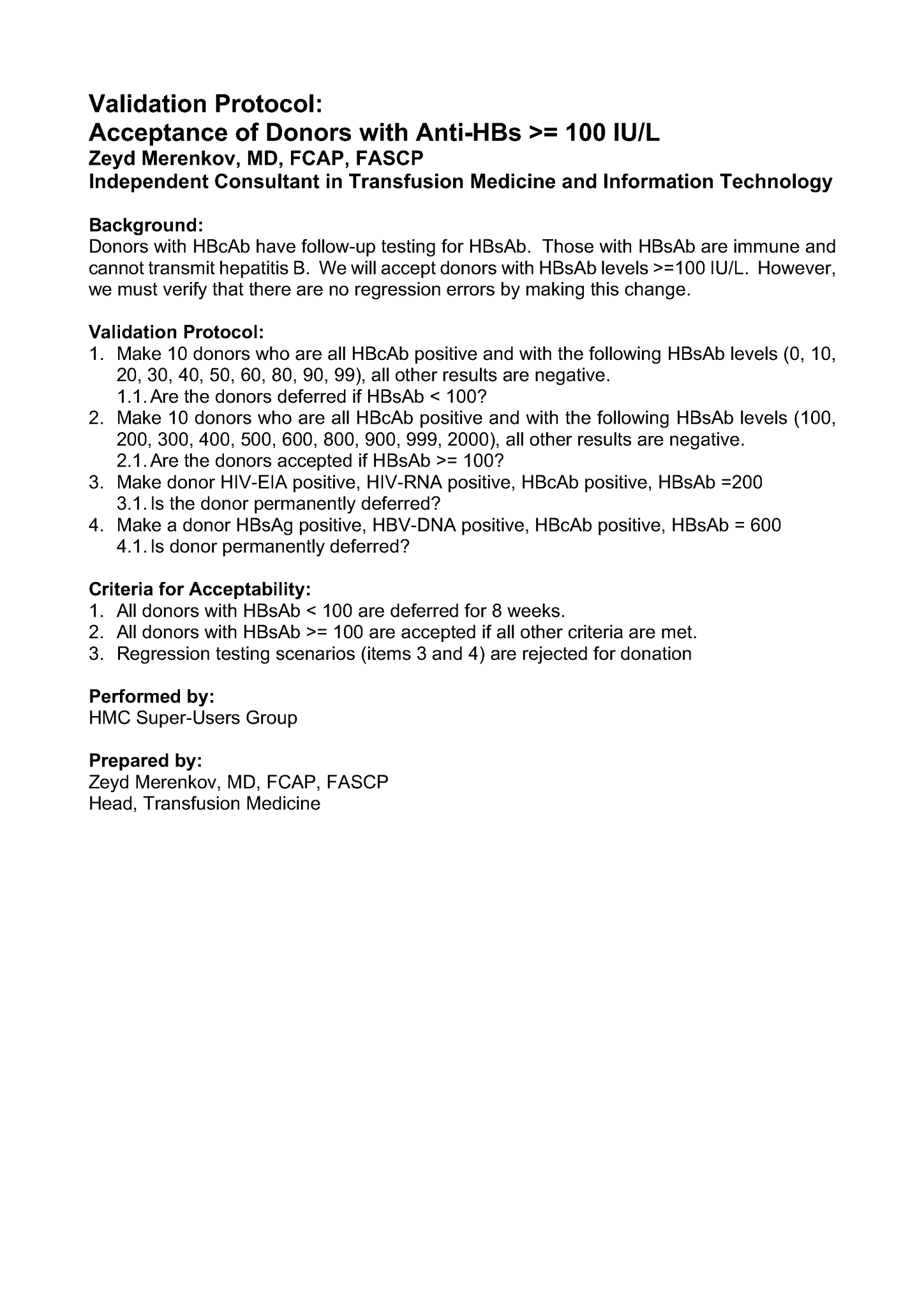 Validation Protocol: Accepting Donors with HBcAb Reactive and HBsAb ...