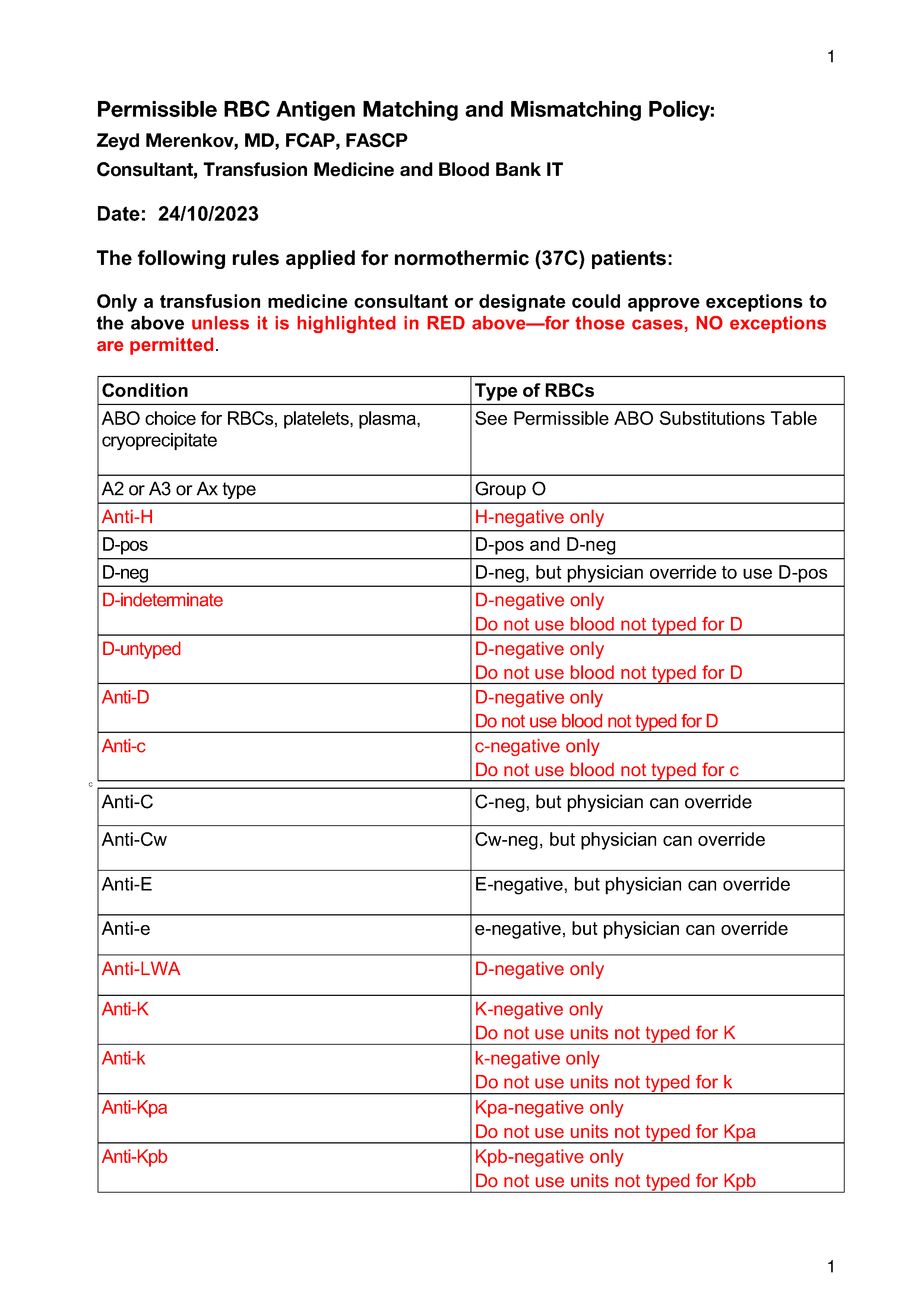 RBC Allocation Rules-Major Blood Types – Dr. Zeyd Merenkov