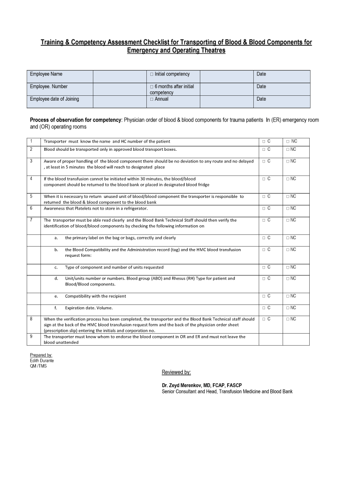 Competency Assessment: Blood Transporters – Dr. Zeyd Merenkov