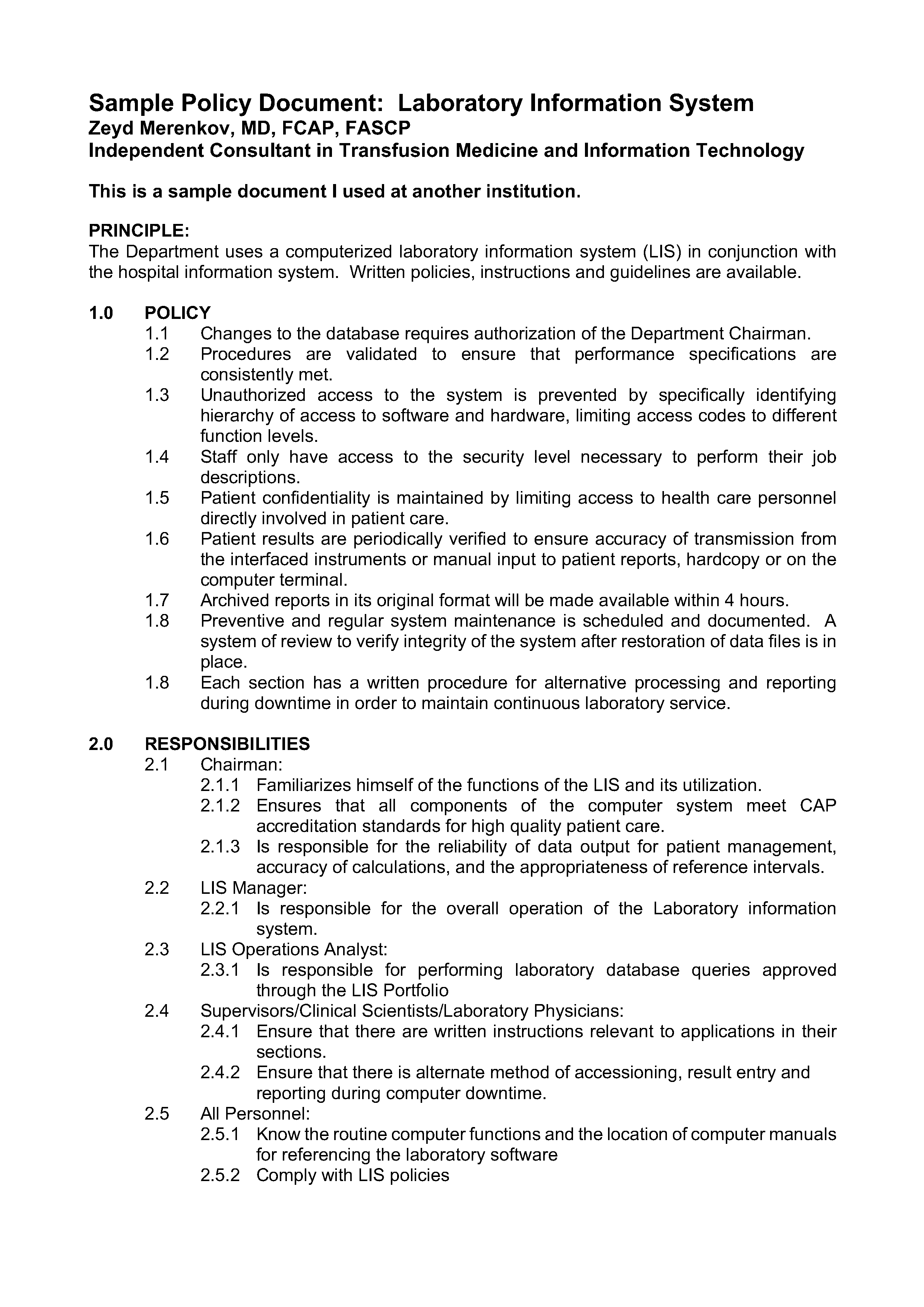 Laboratory Information System Policy – Dr. Zeyd Merenkov