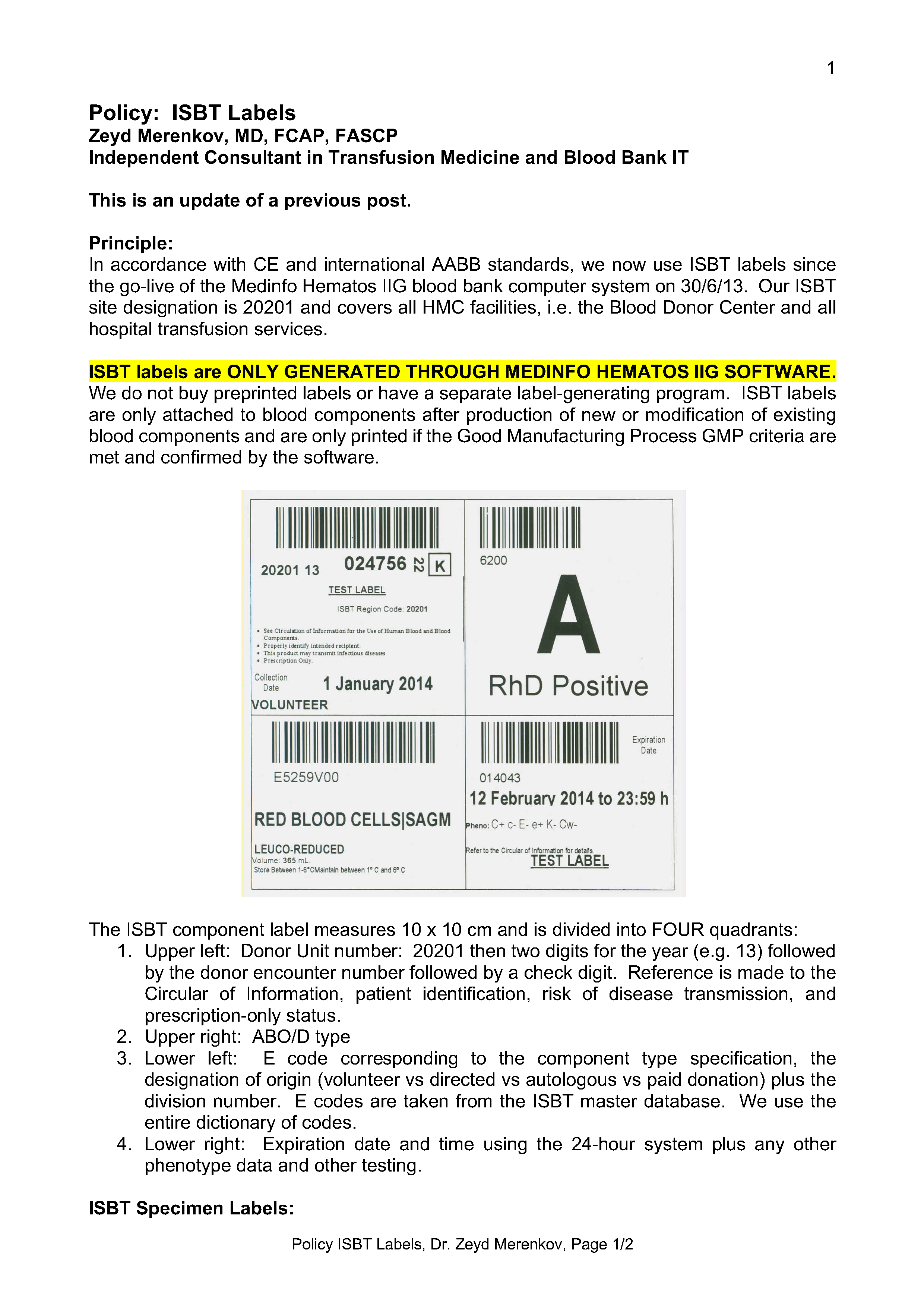 ISBT Specimen Labels – Dr. Zeyd Merenkov