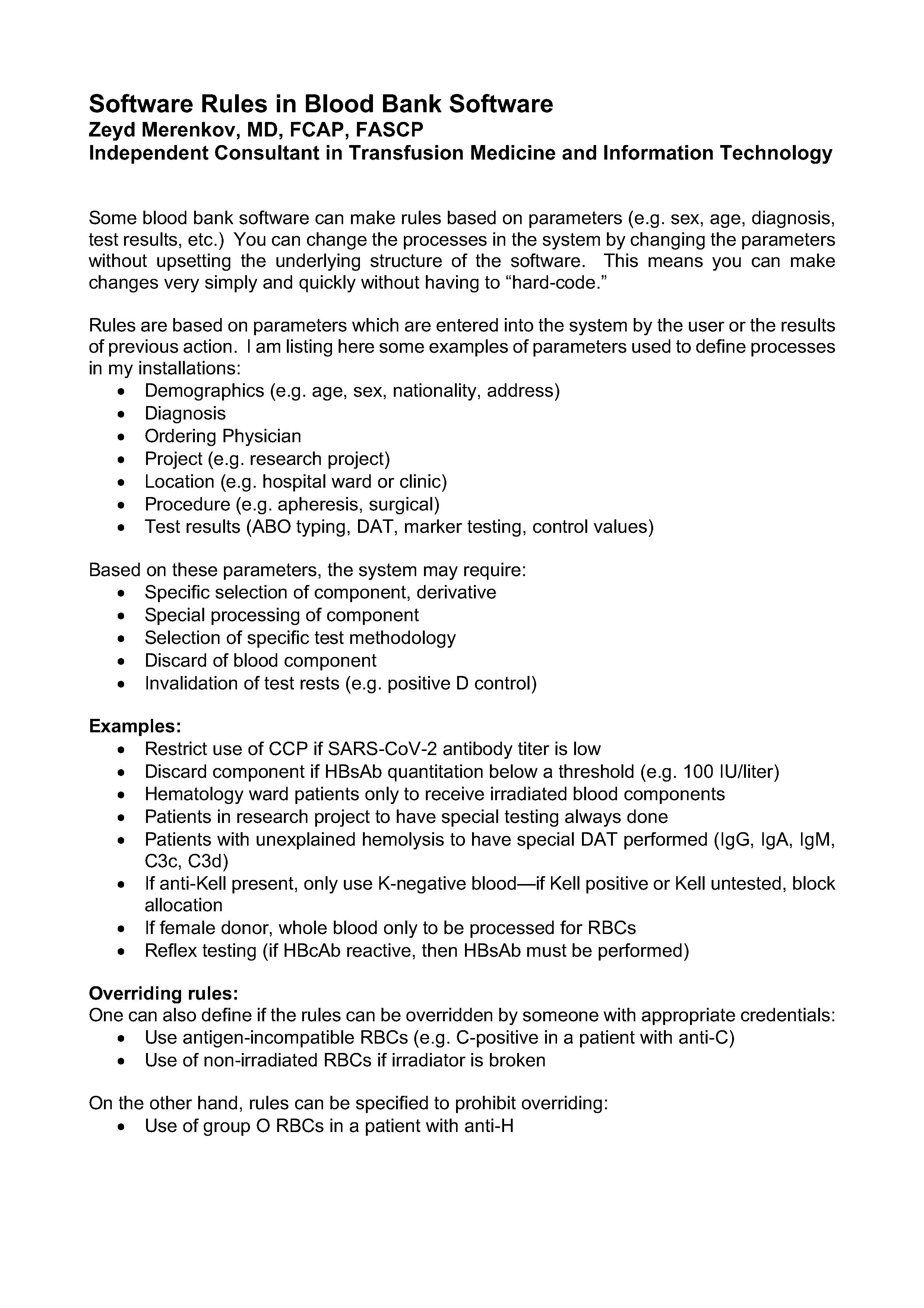 Blood Bank Software Rules – Dr. Zeyd Merenkov