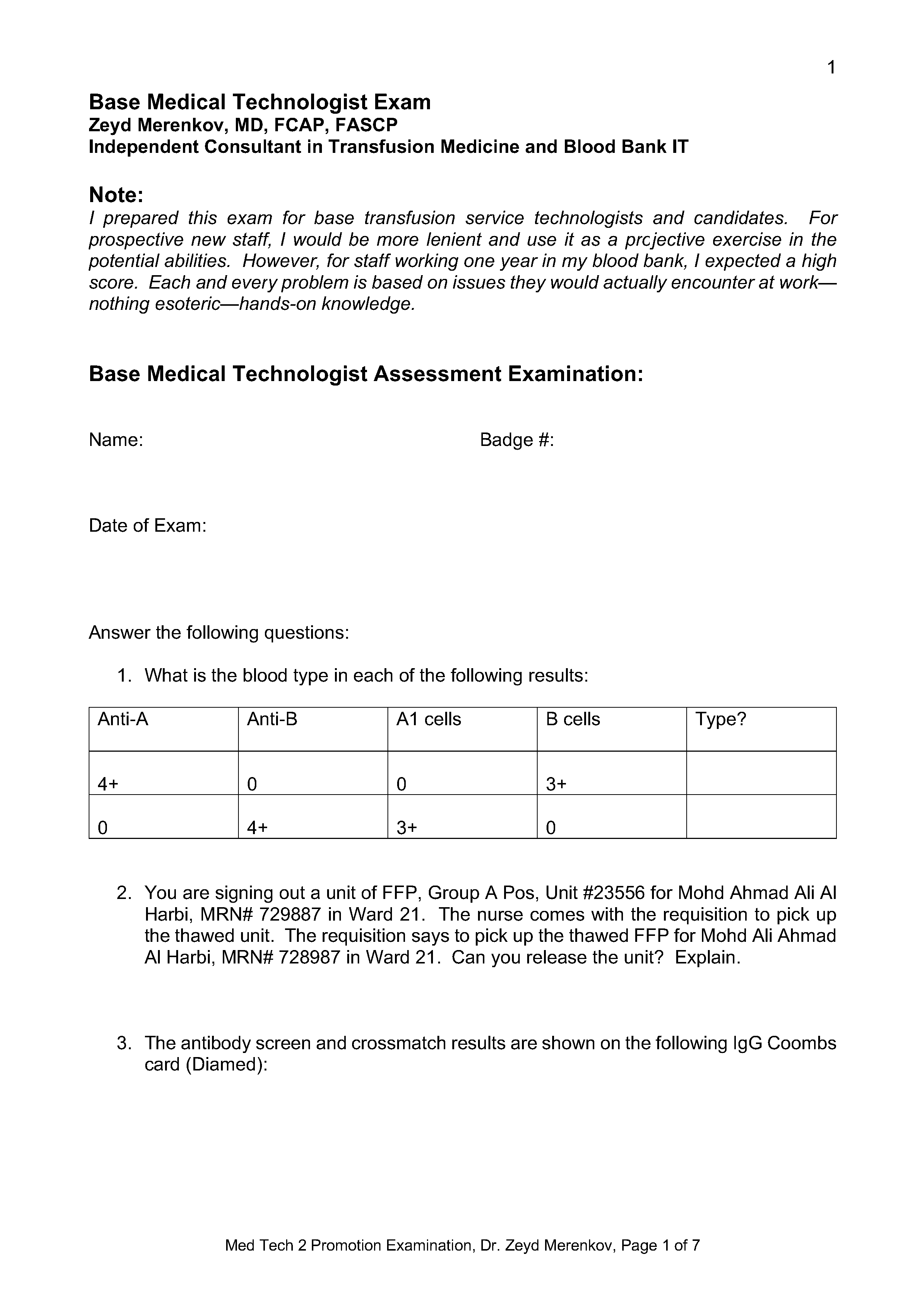 Base Medical Technologist Exam – Dr. Zeyd Merenkov